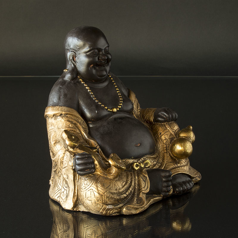 Fed Buddha / Budai siddende, brun og guld polyresin, stor | Nr. wu1036 ...